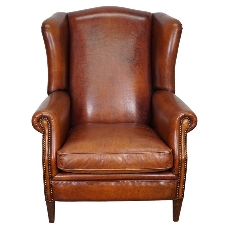 Vintage Dutch Cognac Colored Wingback Leather Club Chair at 1stDibs