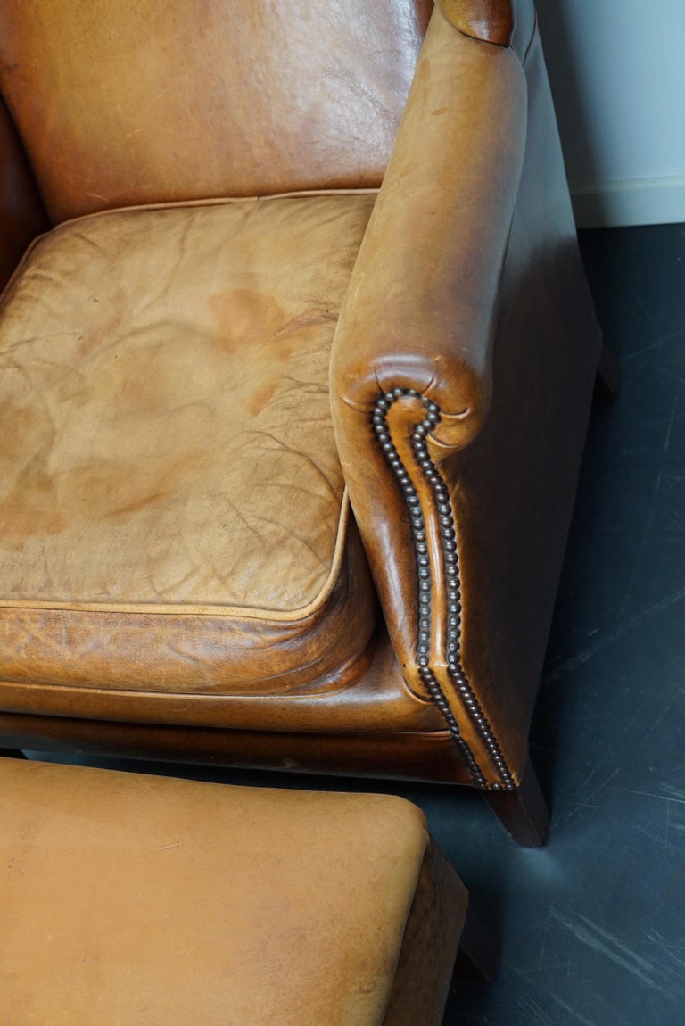 Vintage Dutch Cognac Colored Wingback Leather Club Chair with Footstool ...