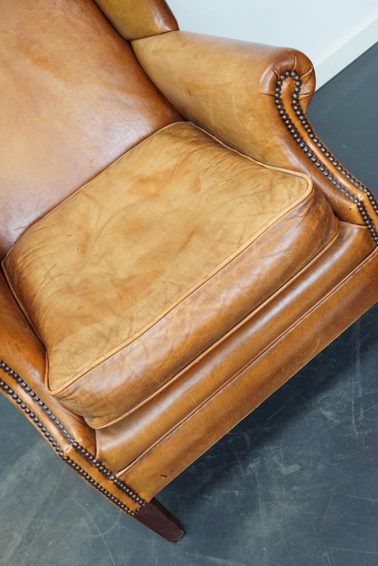 Vintage Dutch Cognac Colored Wingback Leather Club Chair with Footstool ...