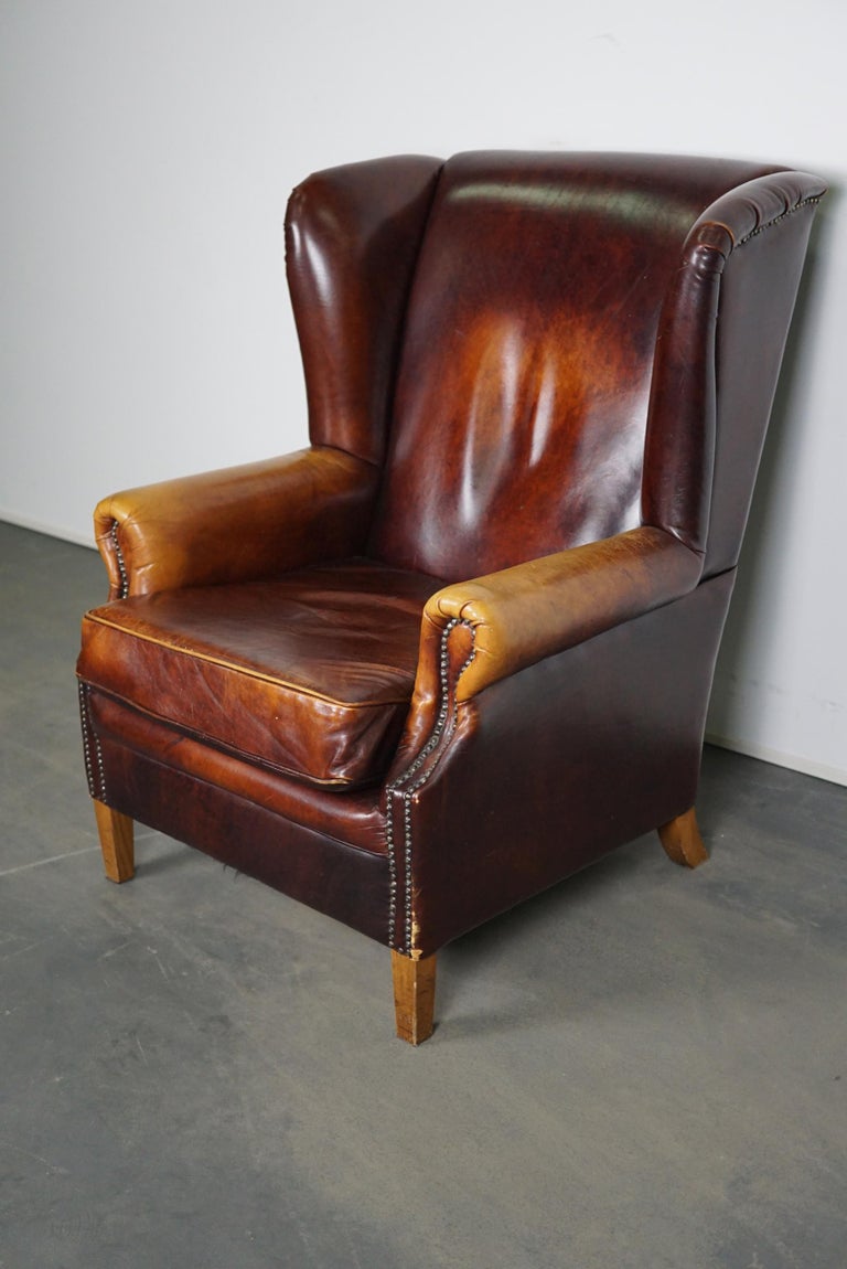 Vintage Dutch Cognac Leather Wingback Club Chair at 1stDibs
