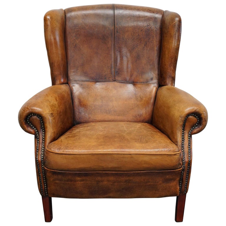 Vintage Dutch Cognac Leather Wingback Club Chair at 1stDibs