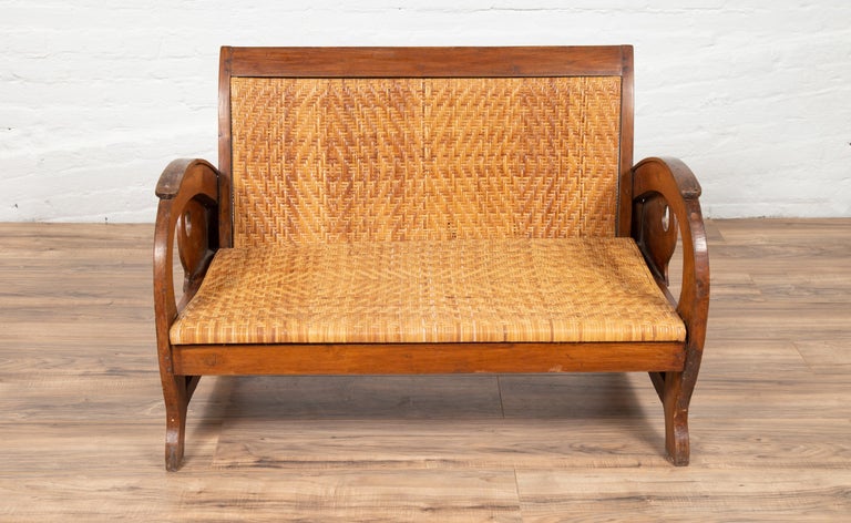 Vintage Dutch Colonial Midcentury Teak Wood and Rattan Settee with ...