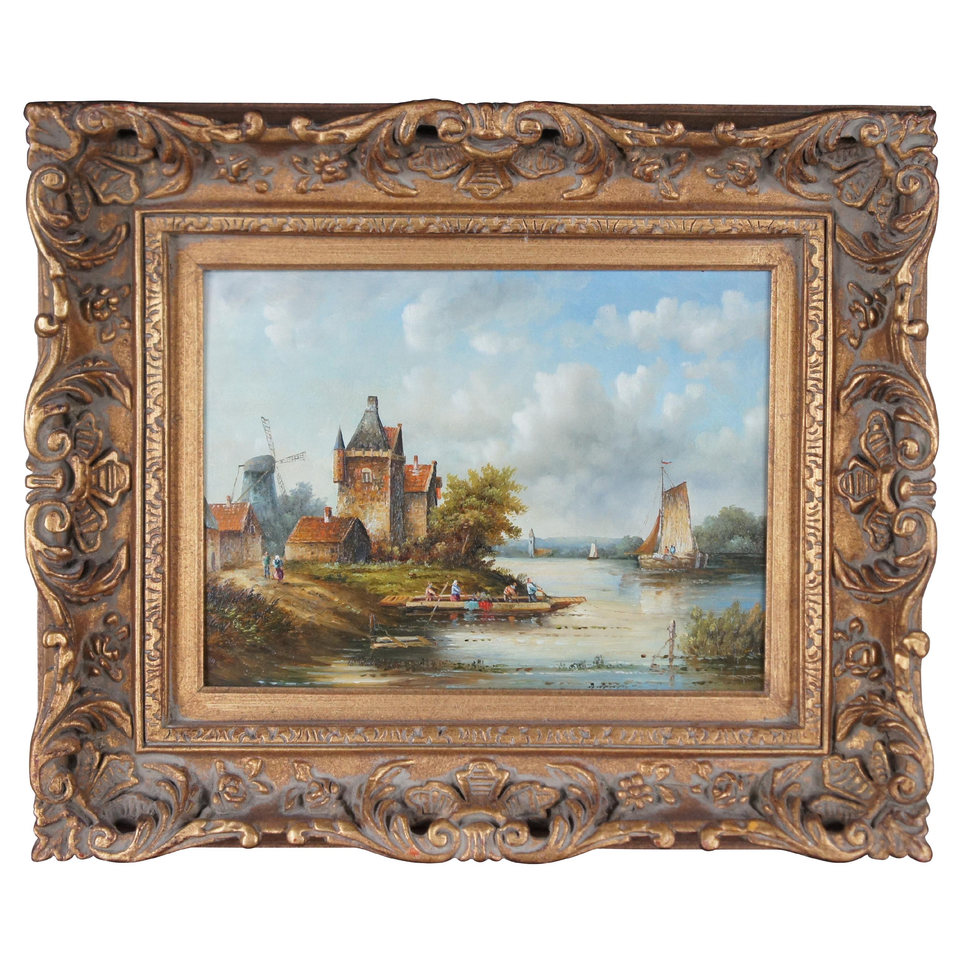 Vintage Dutch Village Landscape Oil Painting on Board River Boats ...