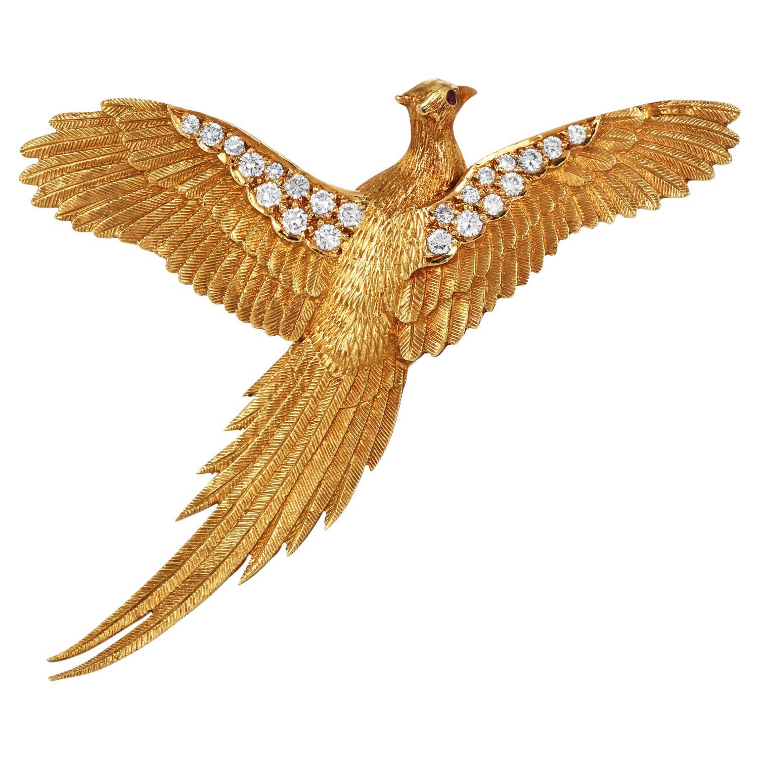 Vintage E Wolf Phoenix Bird 0.98cts Diamond 18K Gold Brooch Pin For ...