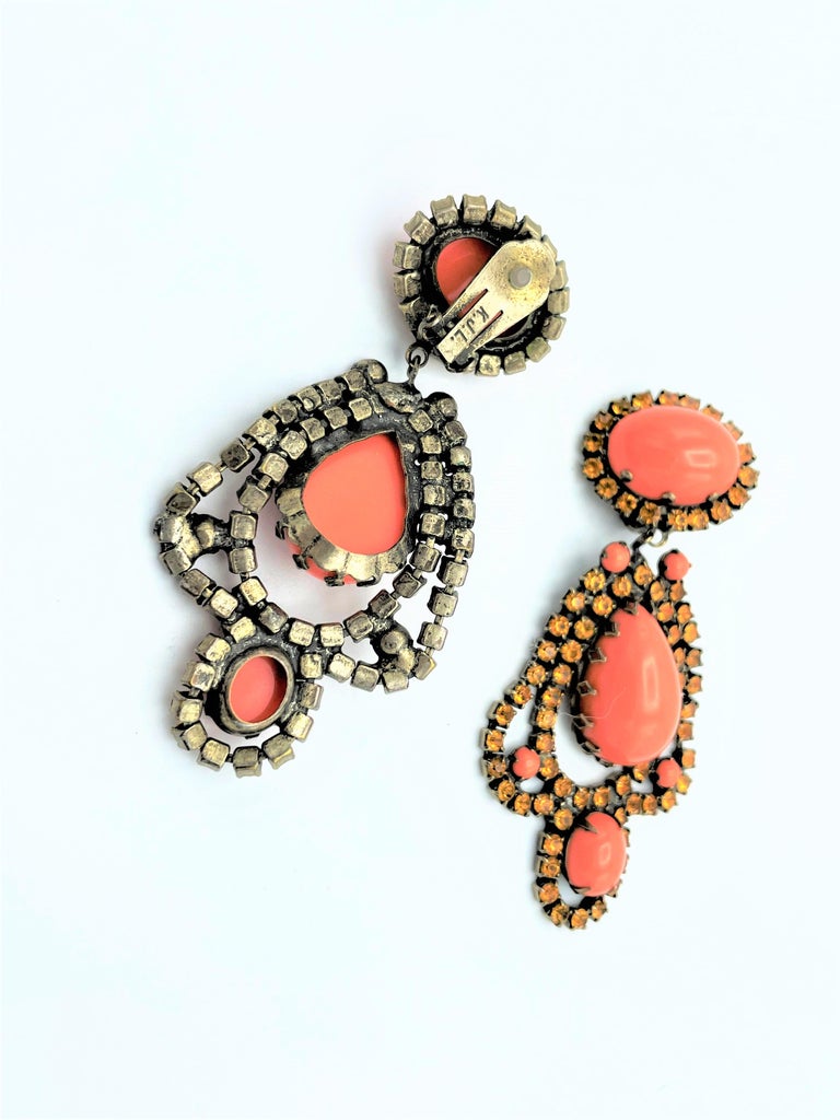 Vintage early K.J.L. dangling clip-on earring, coral cabochon and ...