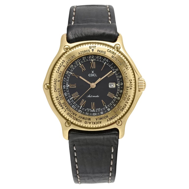 Vintage Ebel Voyager World Time 18K Yellow Gold Black Dial Automatic ...
