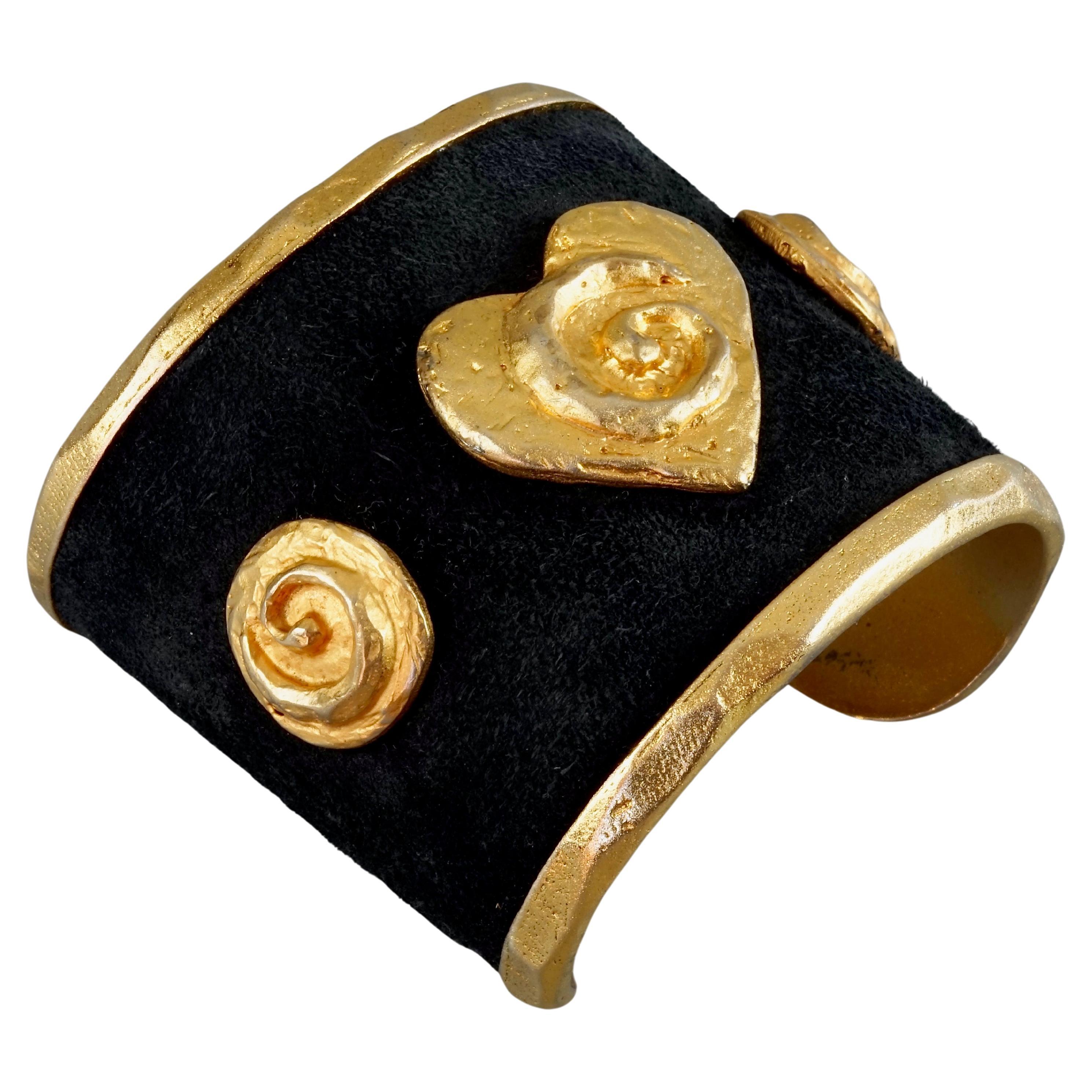 Vintage EDOUARD RAMBAUD Gilt Heart Spiral Faux Suede Leather Cuff ...