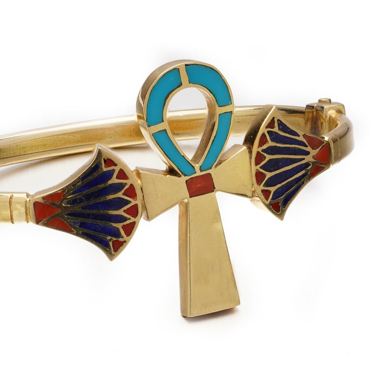 Vintage Egyptian 18kt.Yellow Gold and Enamel Ankh Bracelet For Sale at ...