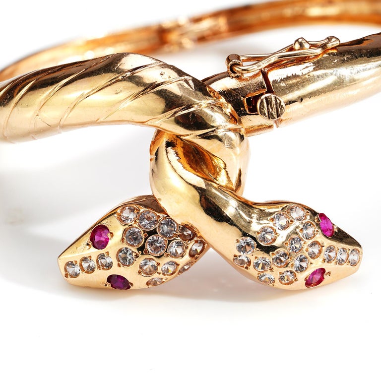 Vintage Egyptian 18kt. Yellow Gold Double-Headed Snake Bangle Studded ...
