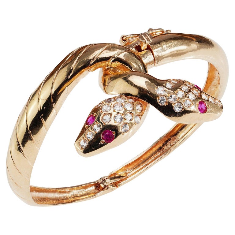 Vintage Egyptian 18kt. Yellow Gold Double-Headed Snake Bangle Studded ...