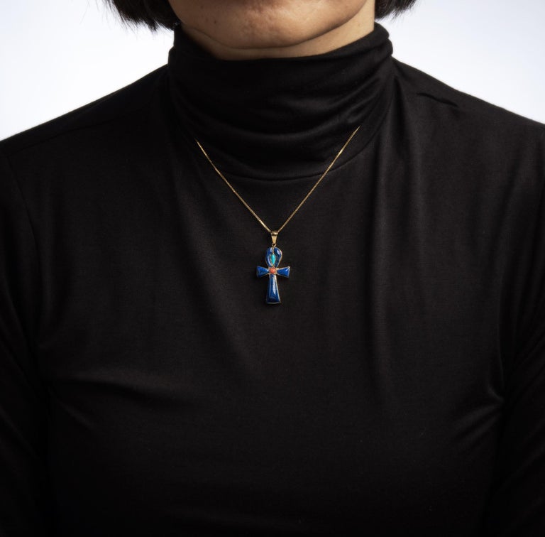 Vintage Egyptian Ankh Pendant Lapis Lazuli Turquoise Coral 14k Gold ...