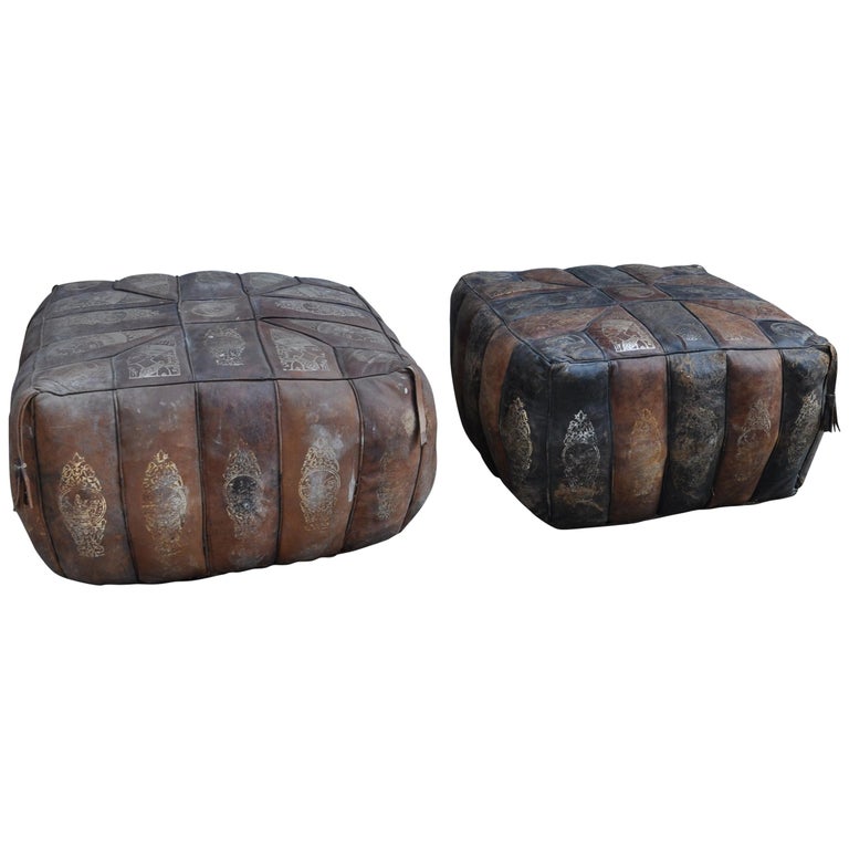 Vintage Egyptian Patterned Leather Puff 'Seat' For Sale at 1stDibs