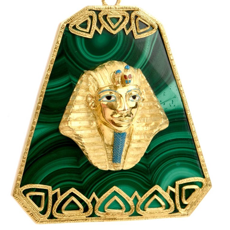 Vintage Egyptian Pharaoh Green Malachite 18K Yellow Gold Big Pendant ...