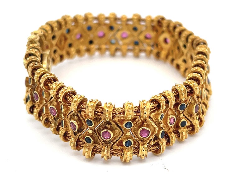 Vintage Egyptian Ruby Sapphire Wide Quilted Link Bracelet in 18k Yellow ...