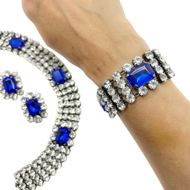 Vintage Electric Blue Crystal Choker, Cuff and Earrings 1980s For Sale ...