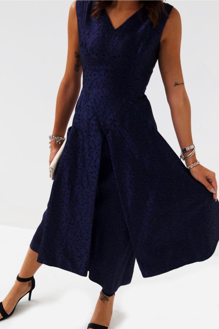 Vintage Elegant Blue Brocade Dress Handmade at 1stDibs