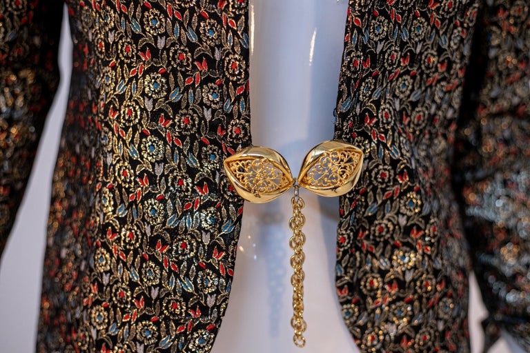 Vintage Elegant Gold Brocade Jacket with Jewel For Sale at 1stDibs
