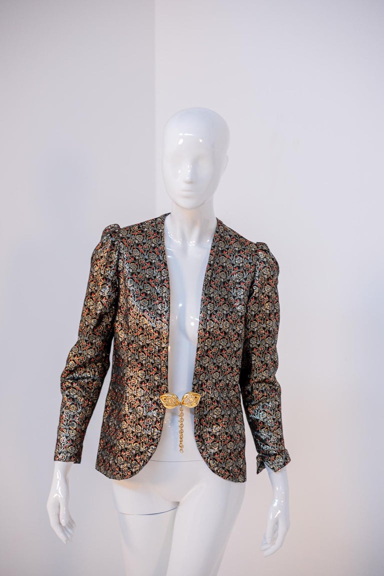 Vintage Elegant Gold Brocade Jacket with Jewel For Sale at 1stDibs
