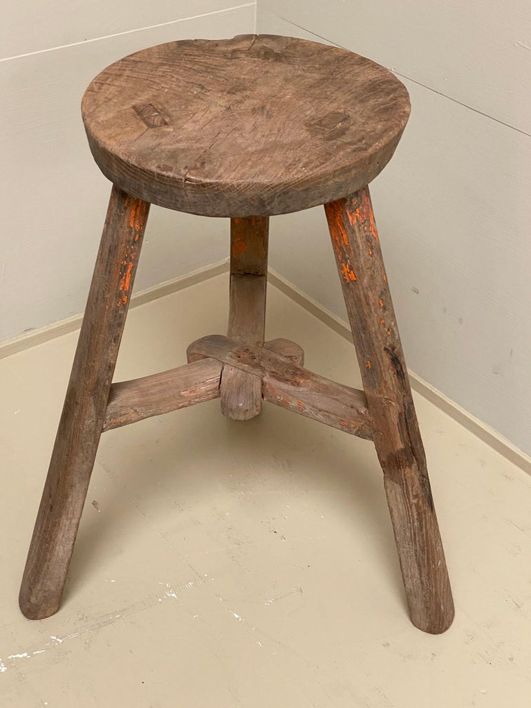 Set of 8 Vintage Elm Round Wooden Rustic Stools For Sale at 1stDibs