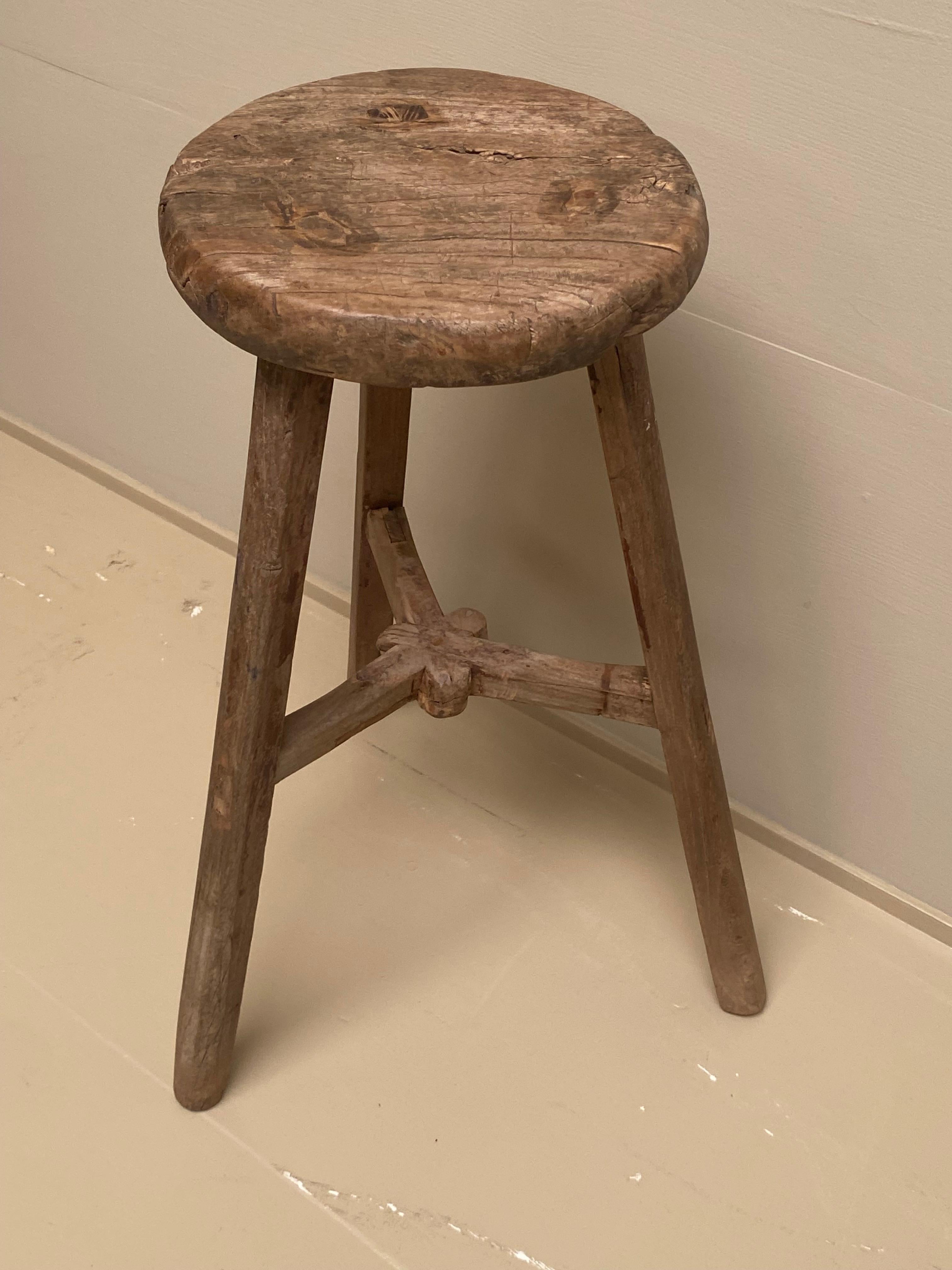 Set of 8 Vintage Elm Round Wooden Rustic Stools at 1stDibs
