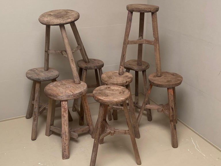 Set of 8 Vintage Elm Round Wooden Rustic Stools For Sale at 1stDibs
