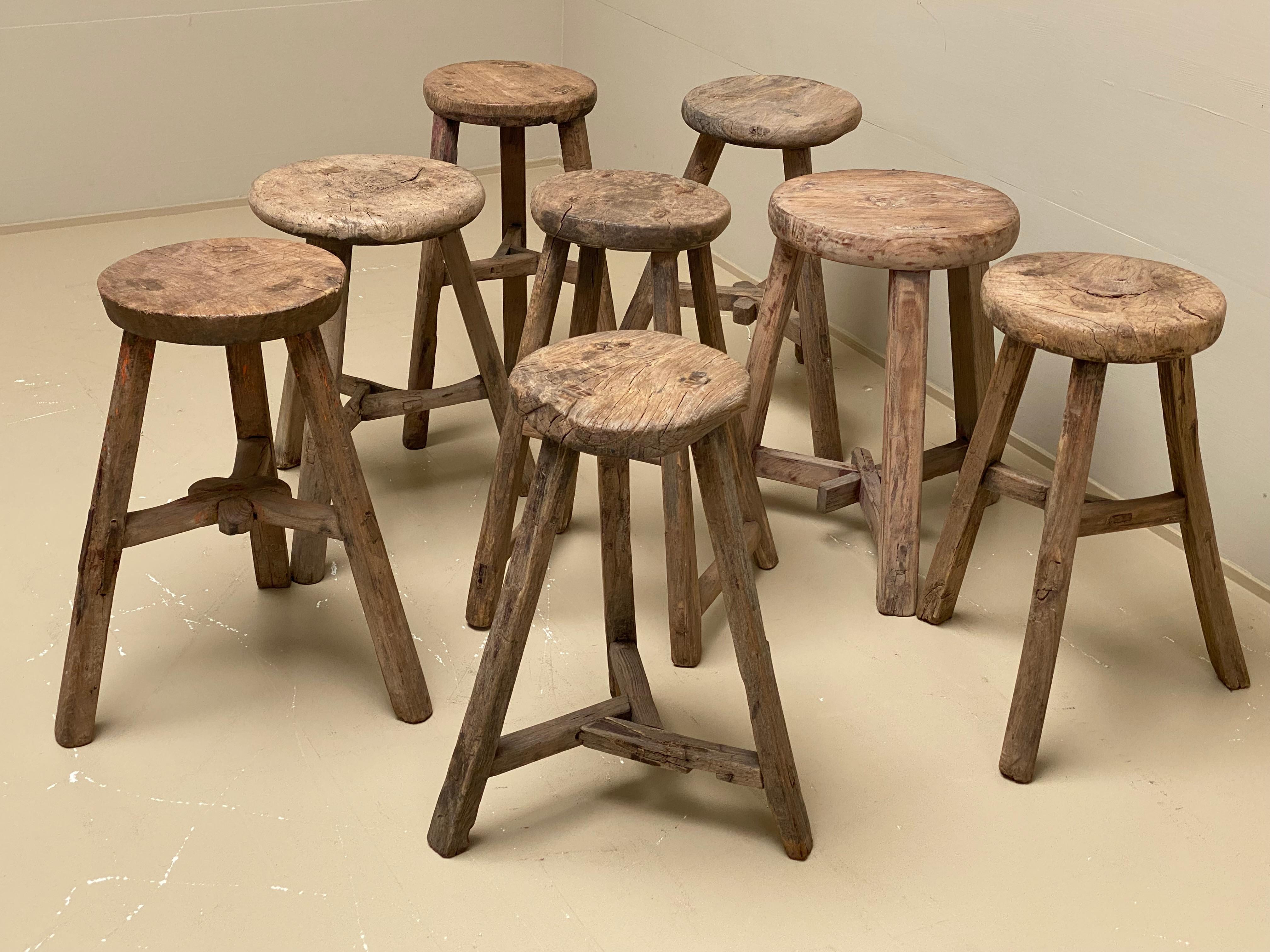 Set of 8 Vintage Elm Round Wooden Rustic Stools at 1stDibs