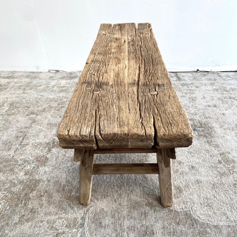 Vintage Elm Wood Bench with Apron For Sale at 1stDibs