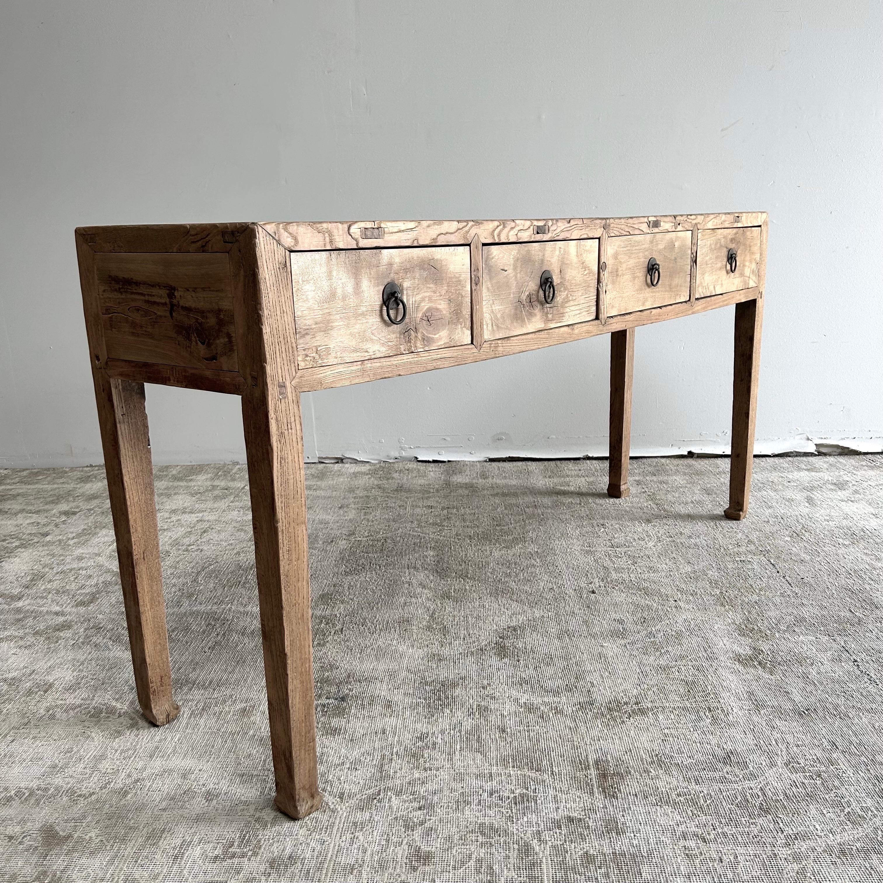 Vintage Elm Wood Console Table with 4 Drawers at 1stDibs