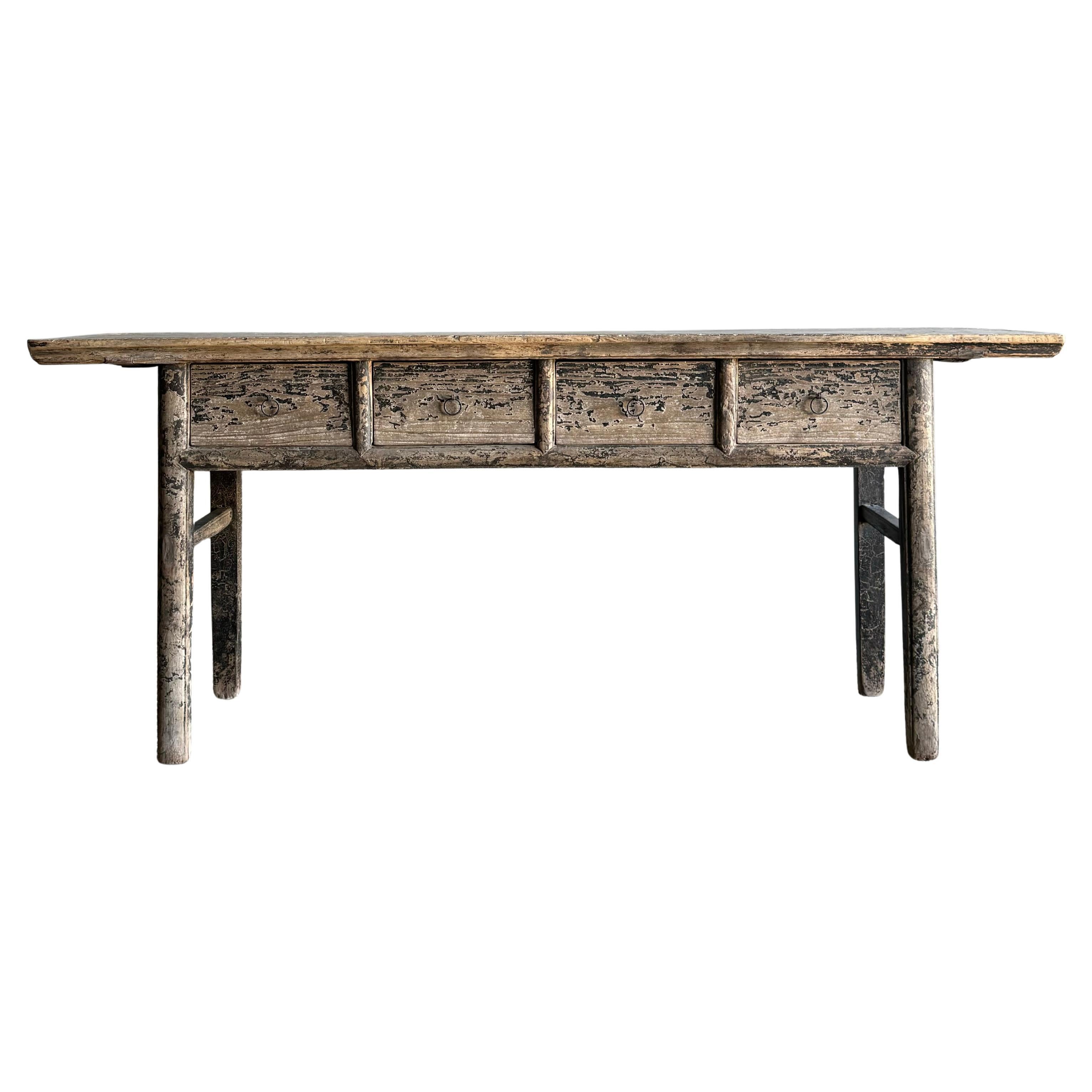 Vintage Elm Wood Console Table with Drawers 76.5" For Sale at 1stDibs