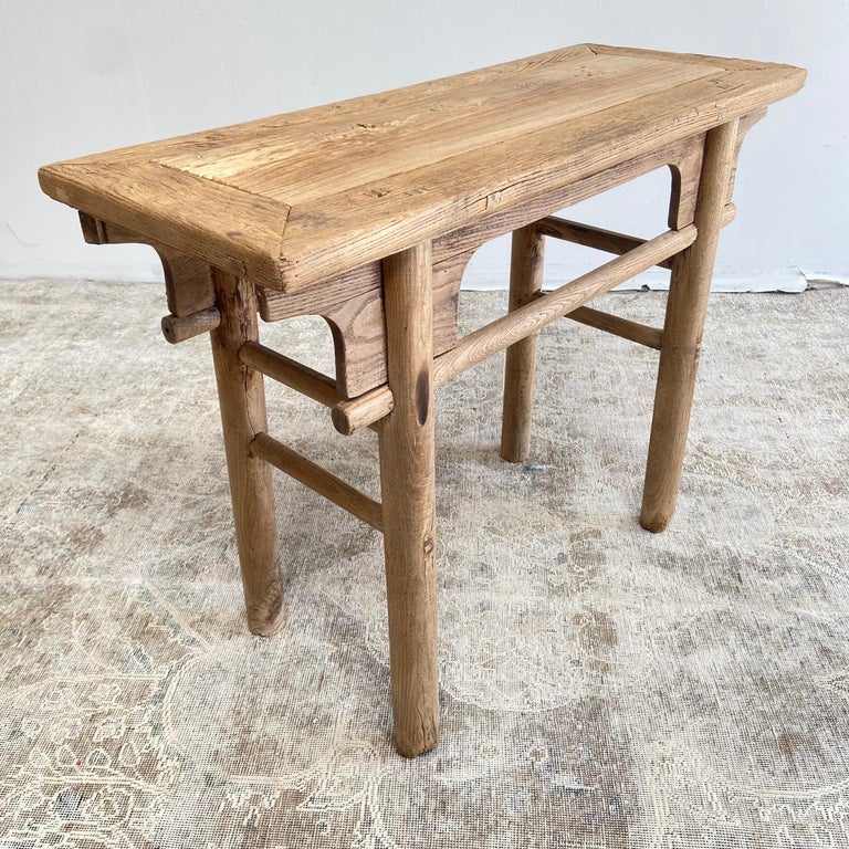 Vintage Elm Wood Console Table with Round Legs For Sale at 1stDibs
