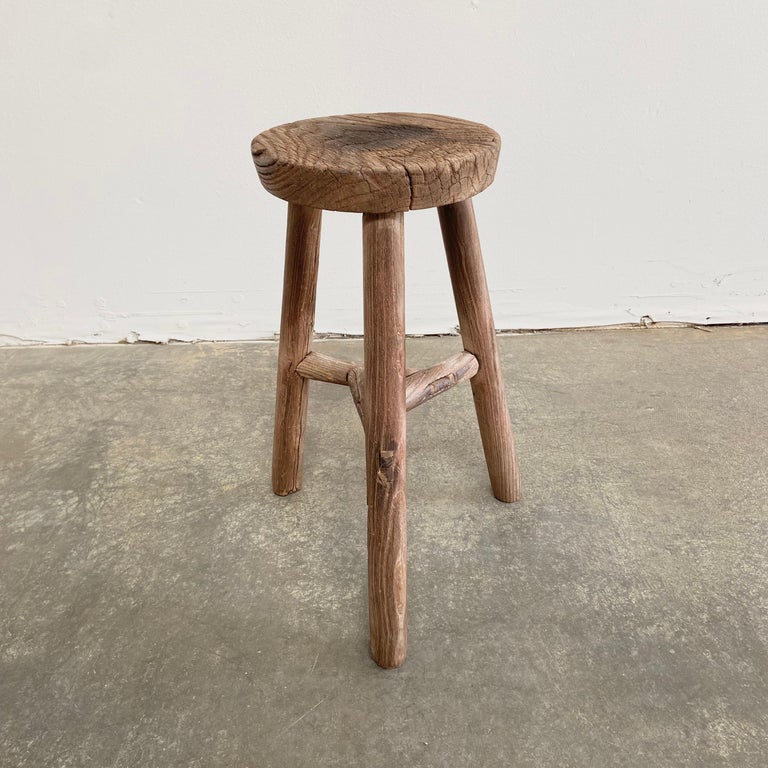 Vintage Elm Wood Round Stool For Sale at 1stDibs