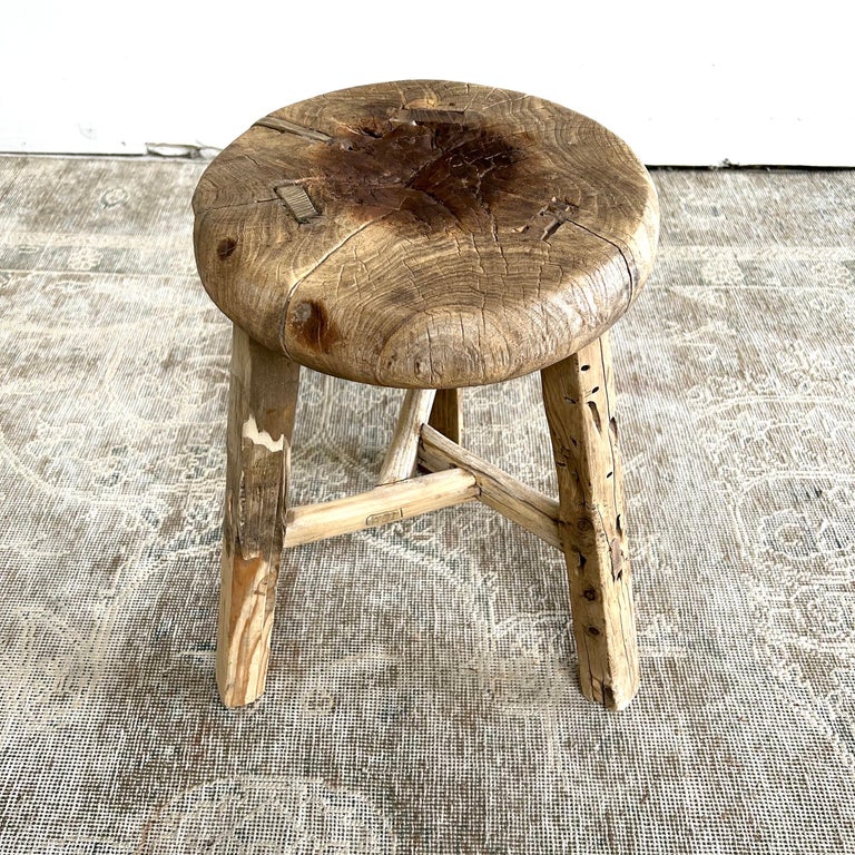 Vintage Elm Wood Round Stool For Sale at 1stDibs