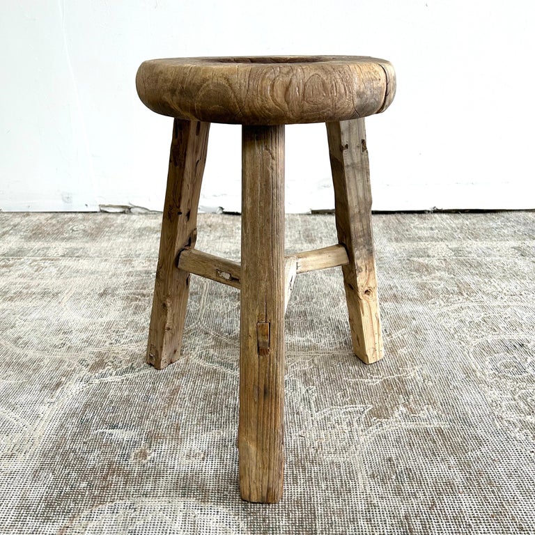 Vintage Elm Wood Round Stool For Sale at 1stDibs