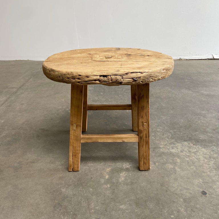 Vintage Elm Wood Rustic Round Side Table at 1stDibs