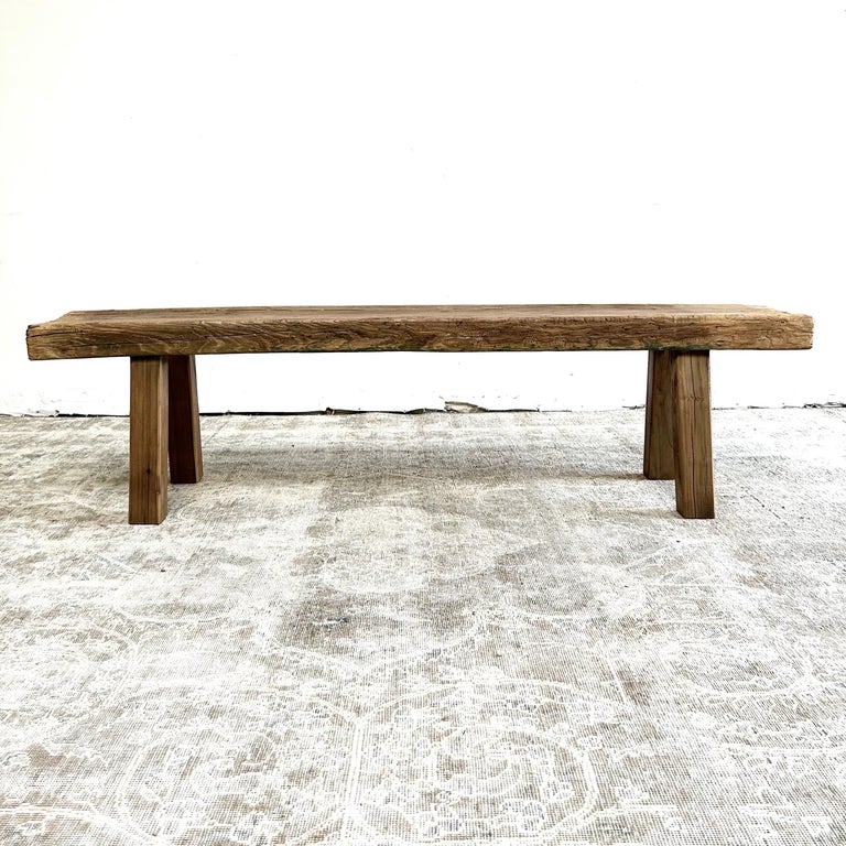Vintage Elm Wood Bench For Sale at 1stDibs