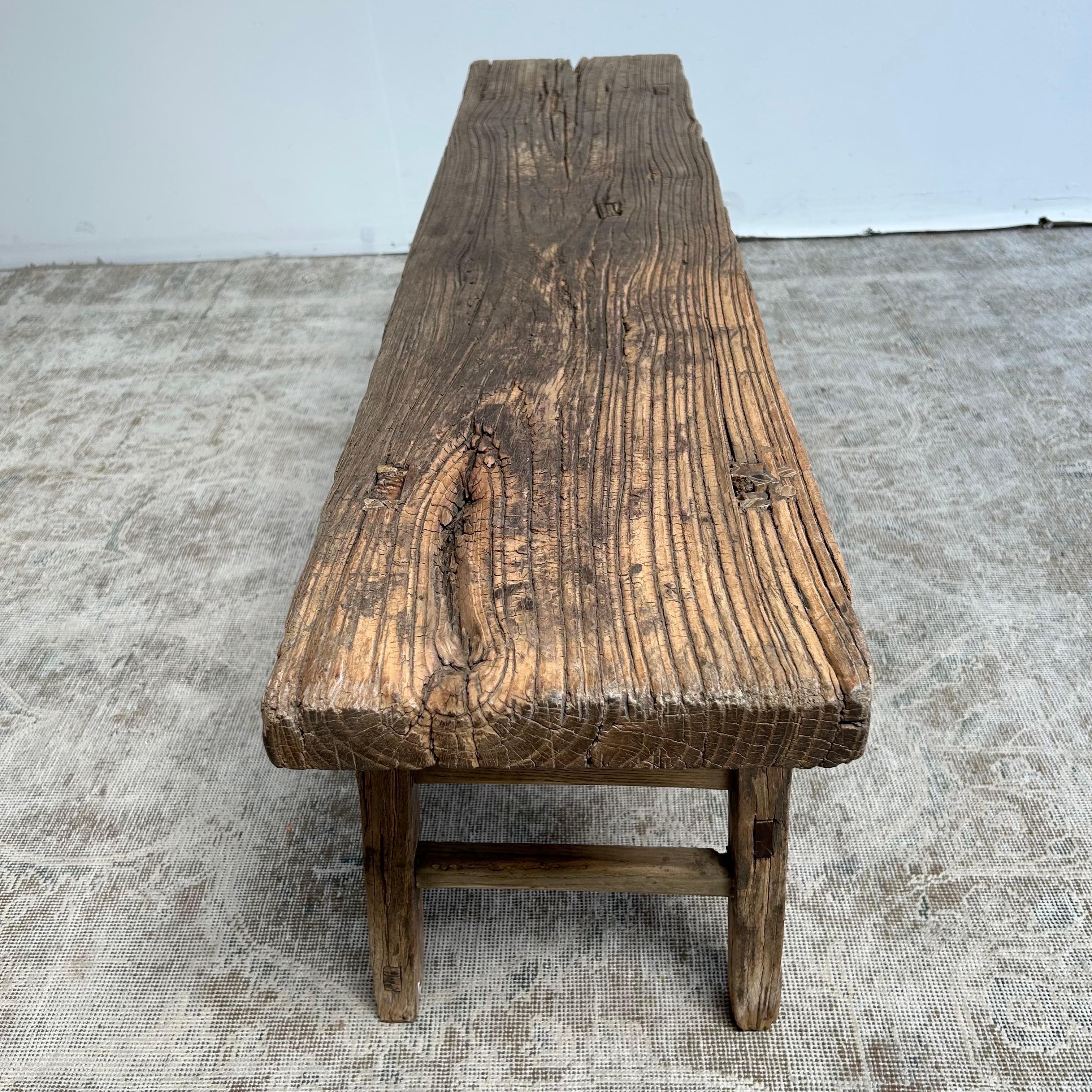 Vintage Elm Wood Skinny Bench with Aged Patina For Sale at 1stDibs