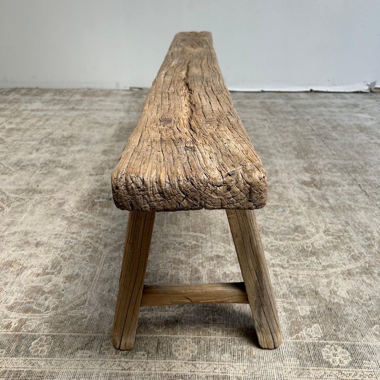 Vintage Elm Wood Skinny Bench with Aged Patina For Sale at 1stDibs