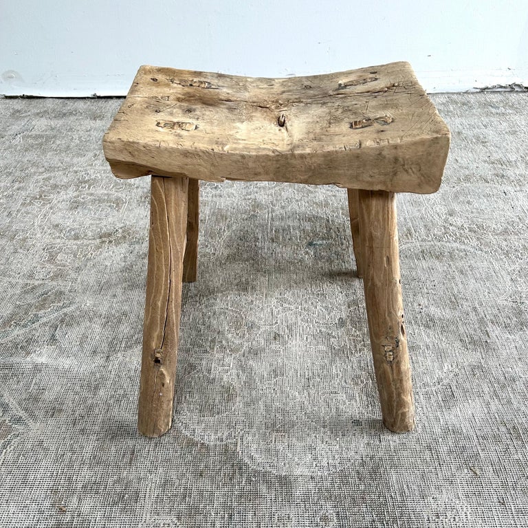 Vintage Elm Wood Stool with Curved Seat For Sale at 1stDibs
