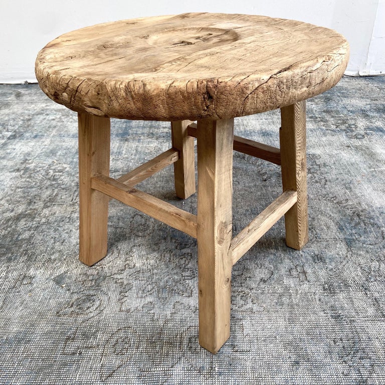 Vintage Elm Wood Wheel Side Table For Sale at 1stDibs