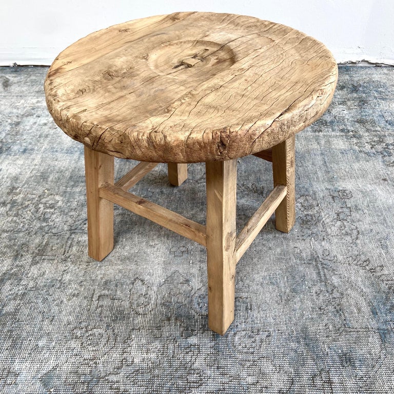 Vintage Elm Wood Wheel Side Table For Sale at 1stDibs