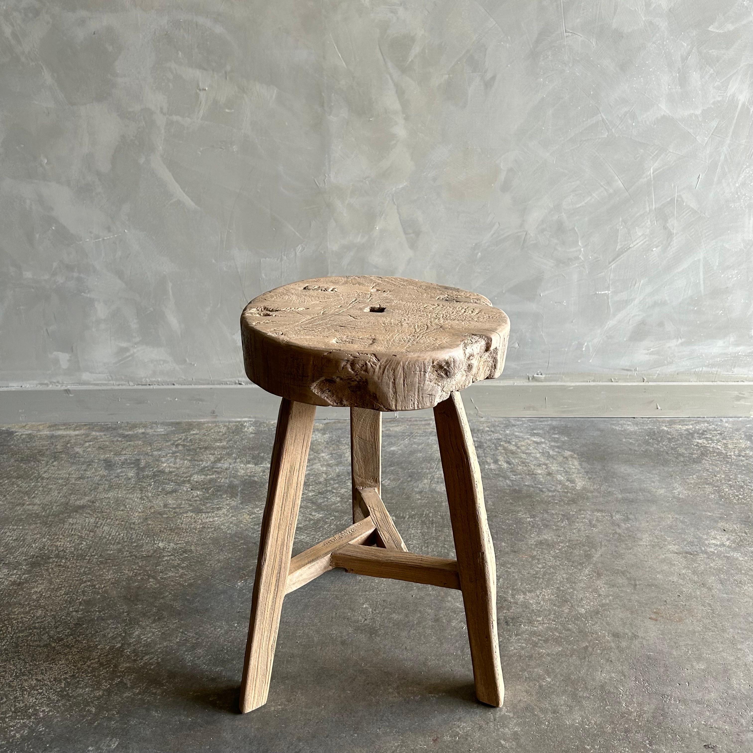 Vintage Elm Wood Wheel Stool in Natural Finish For Sale at 1stDibs