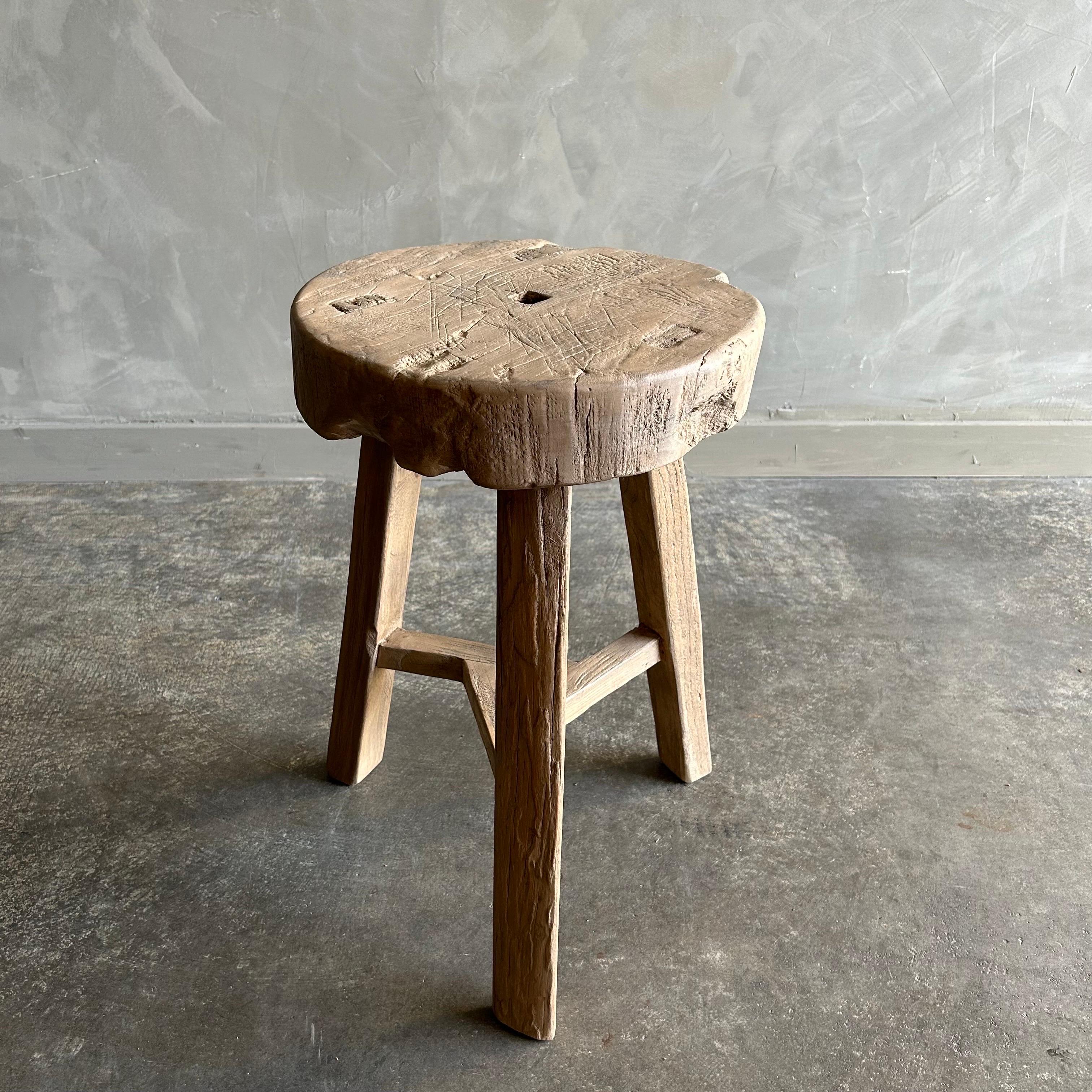 Vintage Elm Wood Wheel Stool in Natural Finish For Sale at 1stDibs