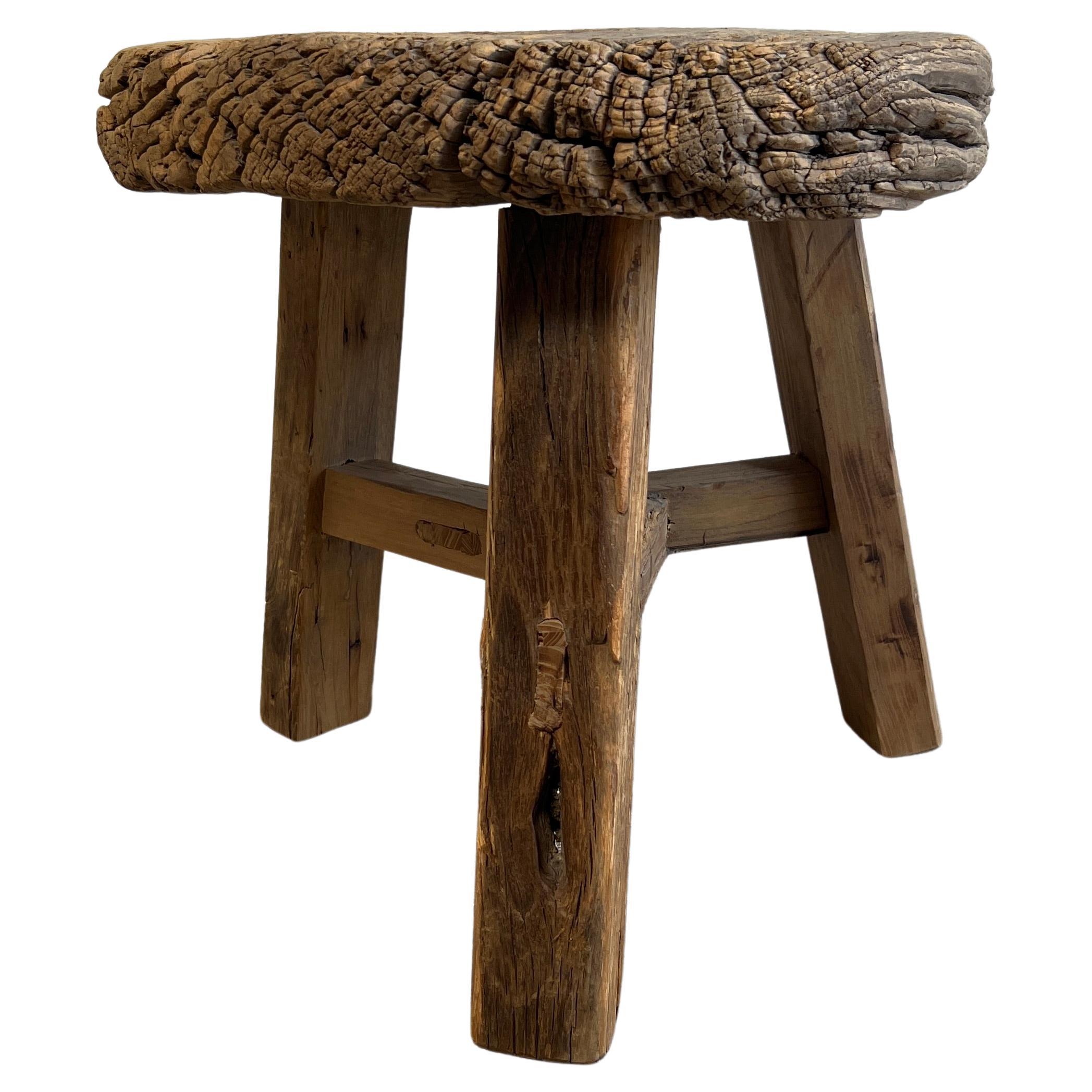 Antique Elm Wood Wheel Table on Iron Legs at 1stDibs