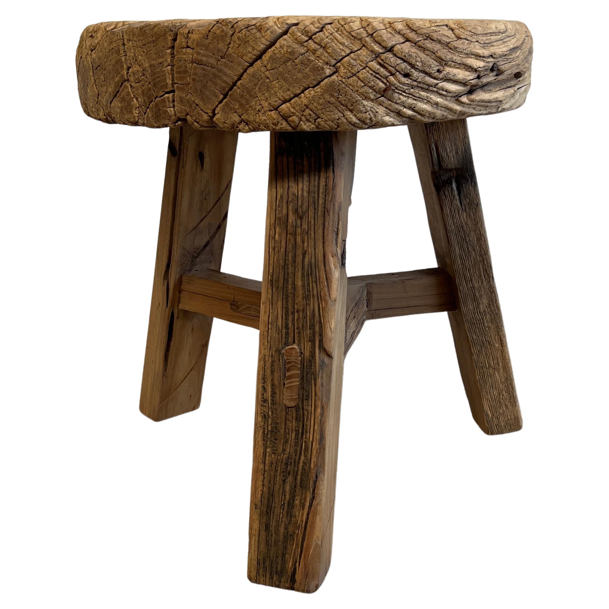 Antique Elm Wood Wheel Table on Iron Legs at 1stDibs