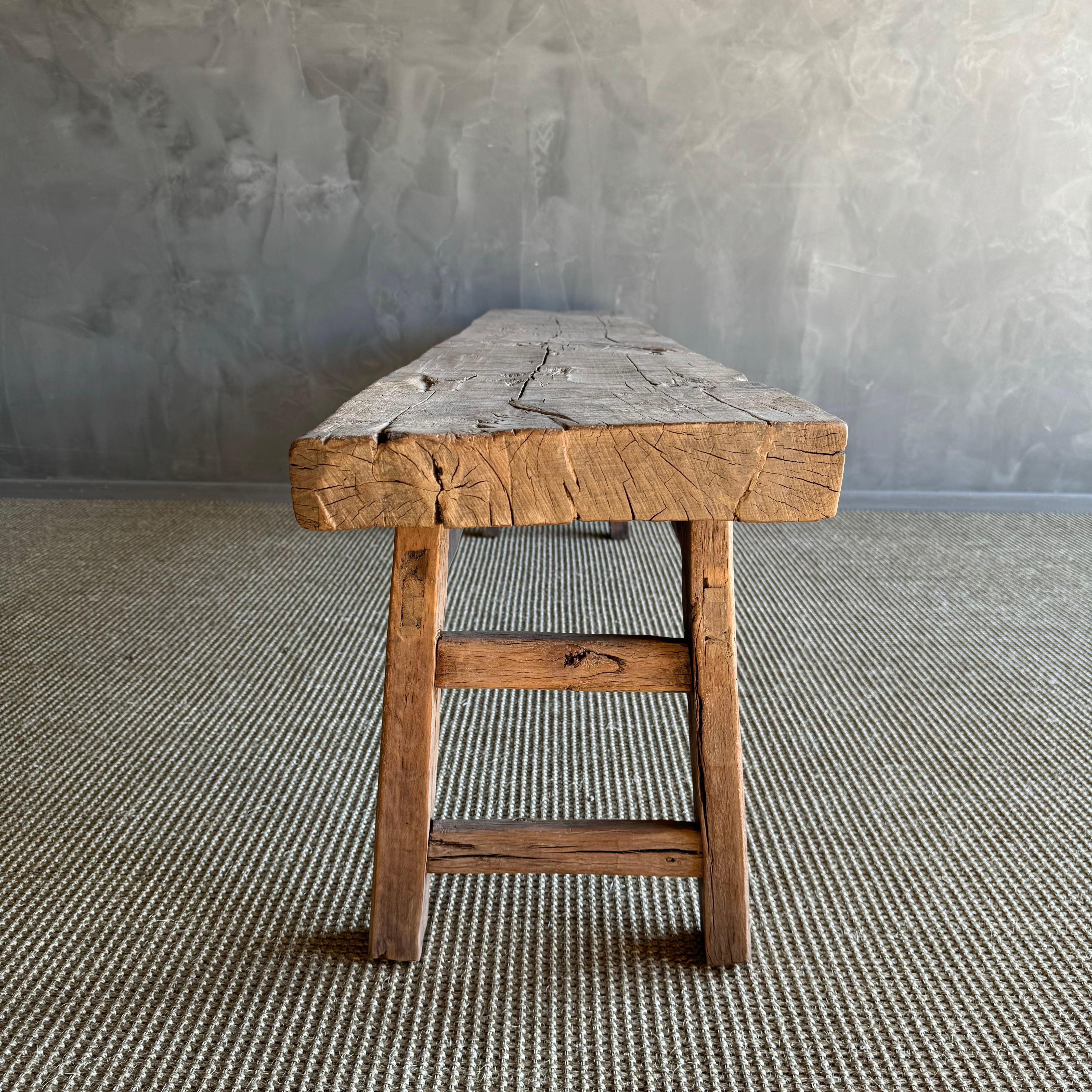 Vintage Elm Wood Wide Seat Bench 80" For Sale at 1stDibs