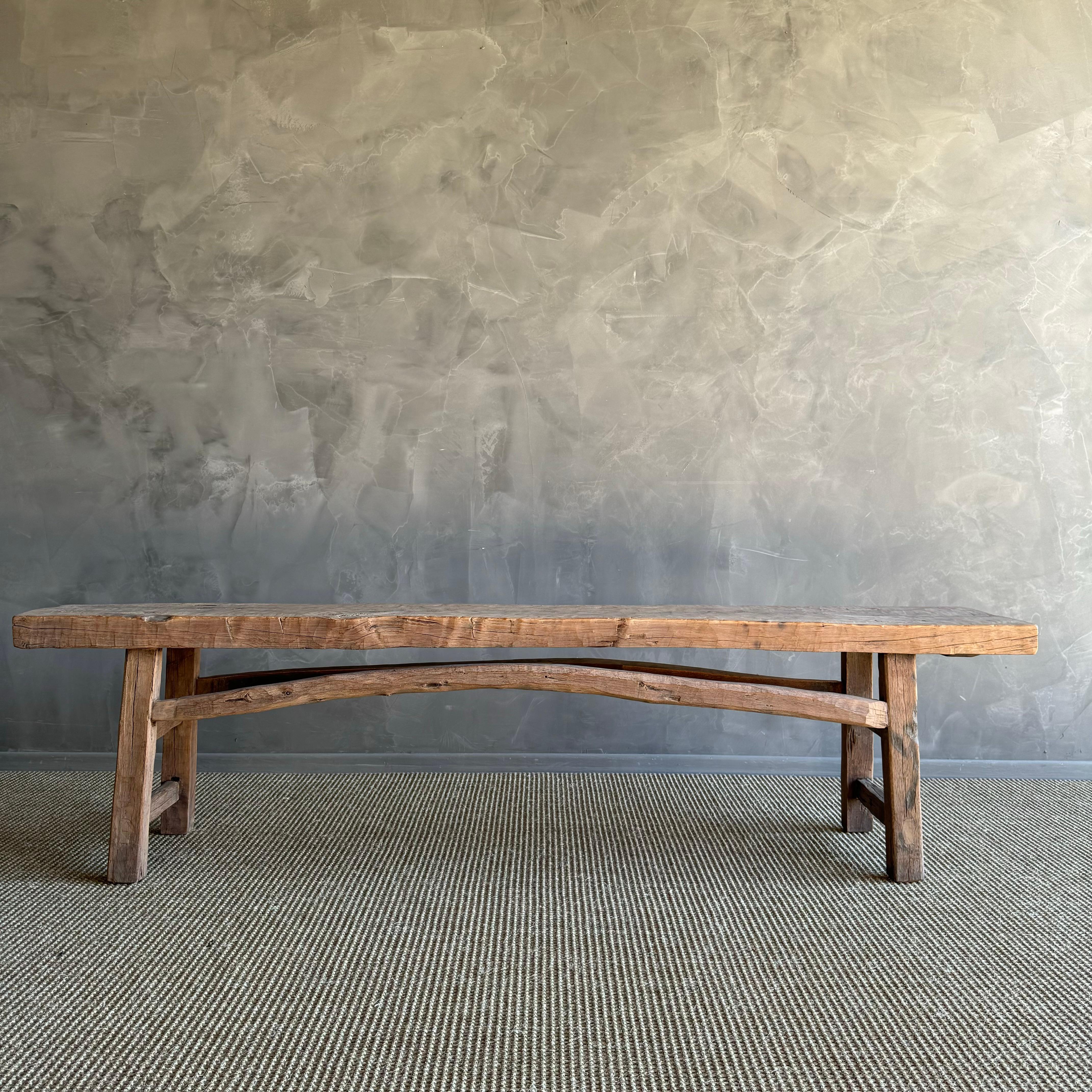 Vintage Elm Wood Wide Seat Bench 80" For Sale at 1stDibs