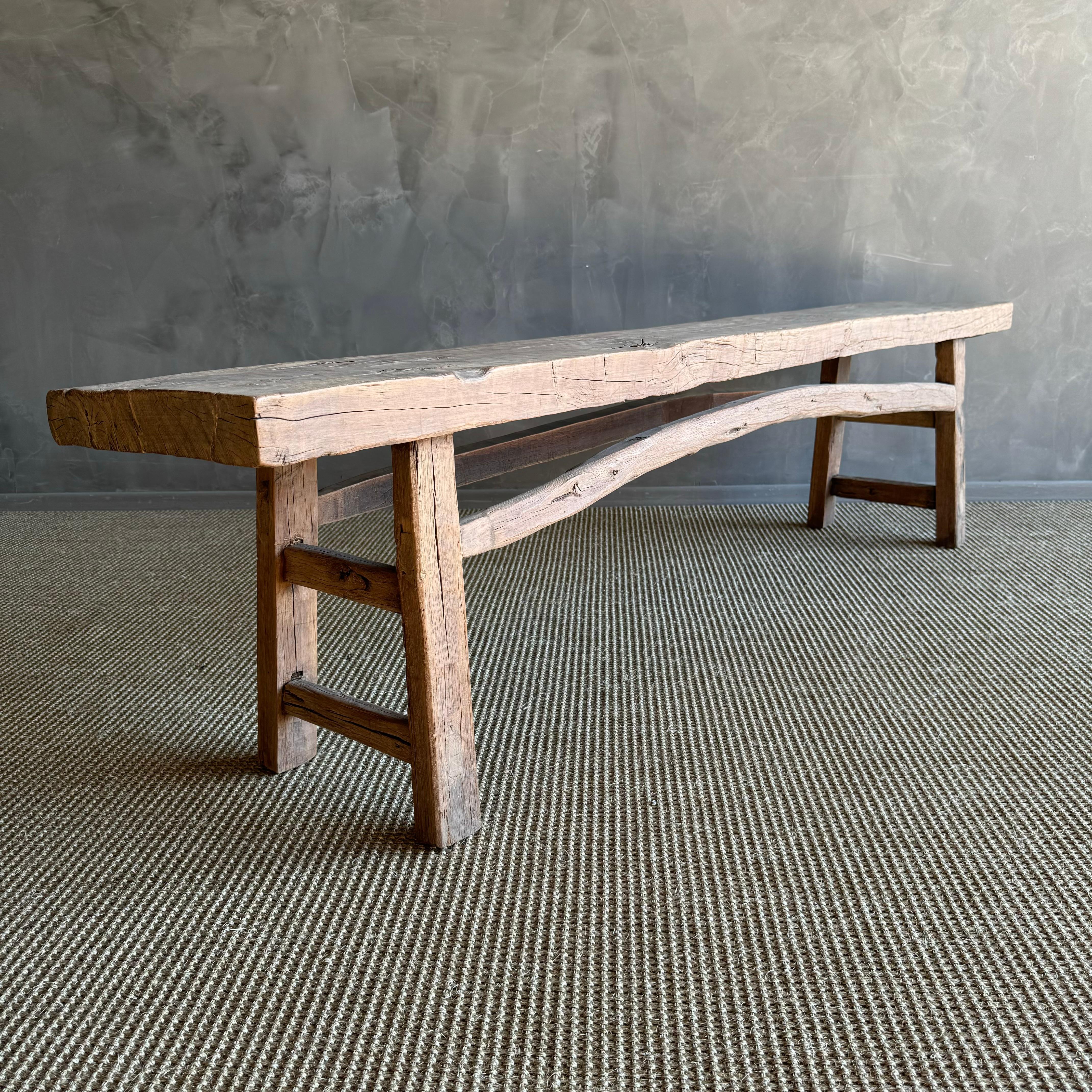 Vintage Elm Wood Wide Seat Bench 80" For Sale at 1stDibs
