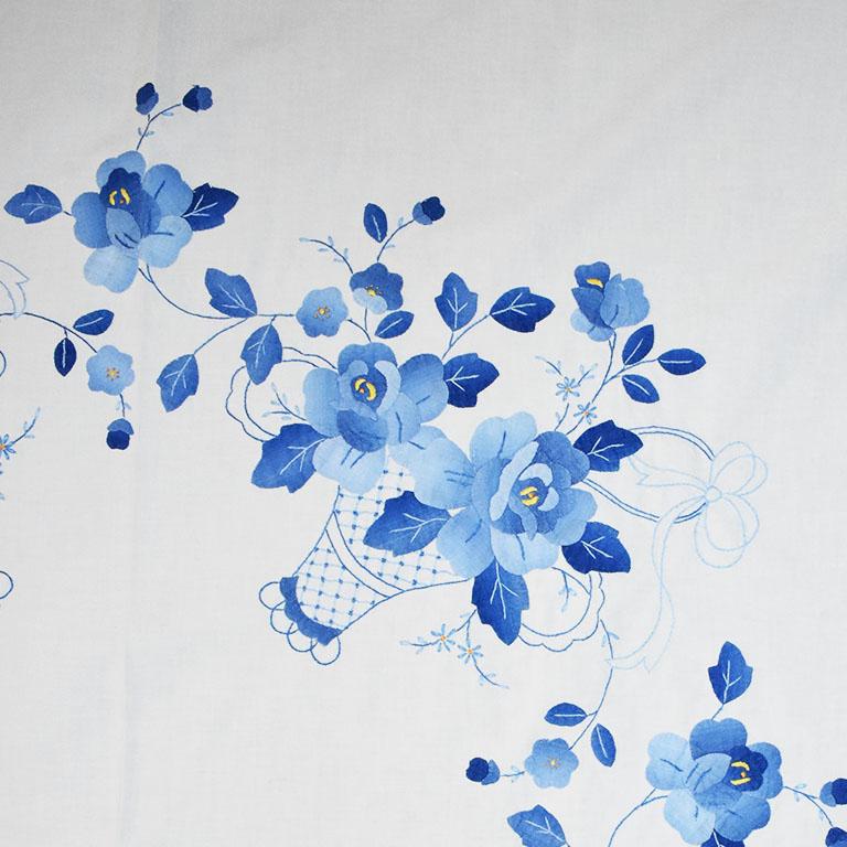 Vintage Embroidered Round Blue Floral Appliqué Tablecloth at 1stDibs