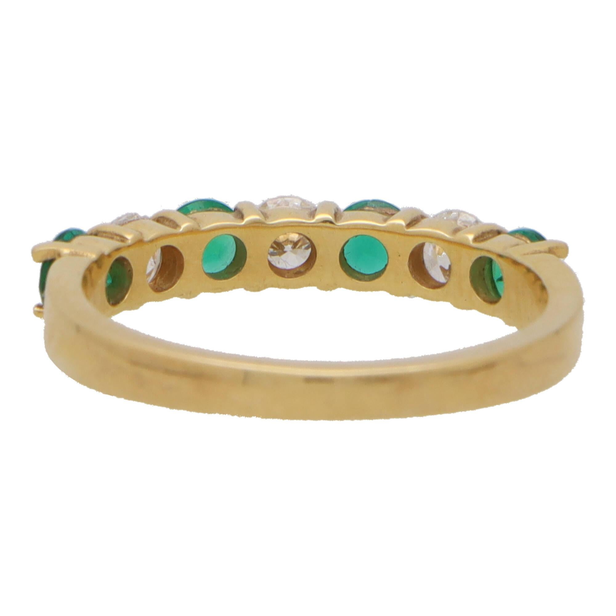 Vintage Emerald and Diamond Half Eternity Ring Set in 18k Yellow Gold For Sale at 1stDibs