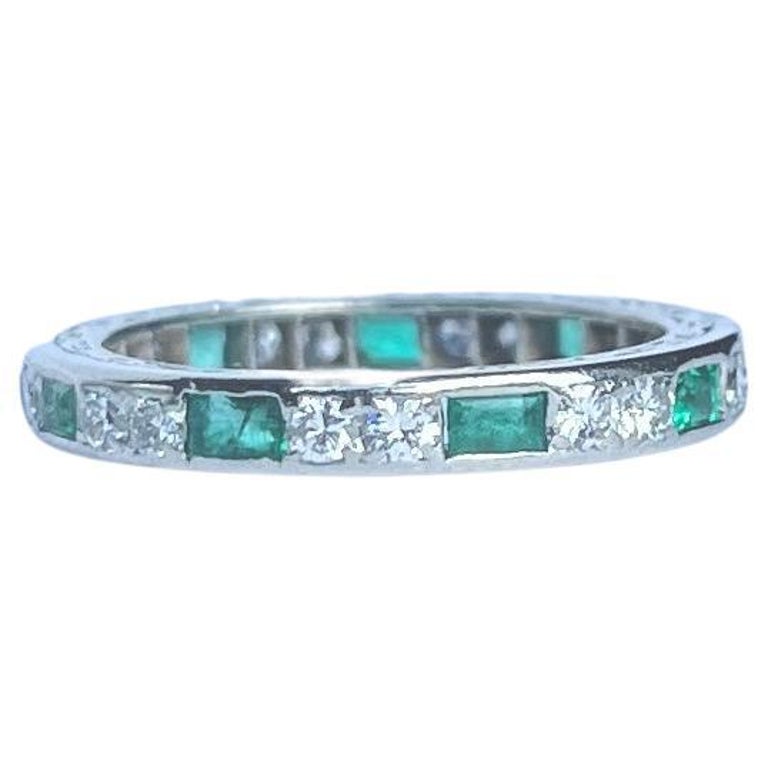 Vintage Emerald and Diamond Platinum Full Eternity Band For Sale at 1stDibs